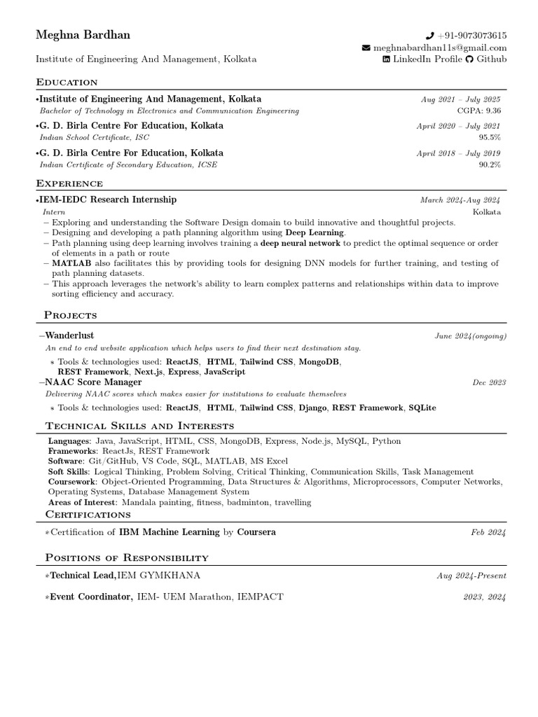 Meghna - Bardhan - Resume (Swachalit Business Solutions) | PDF | Deep ...