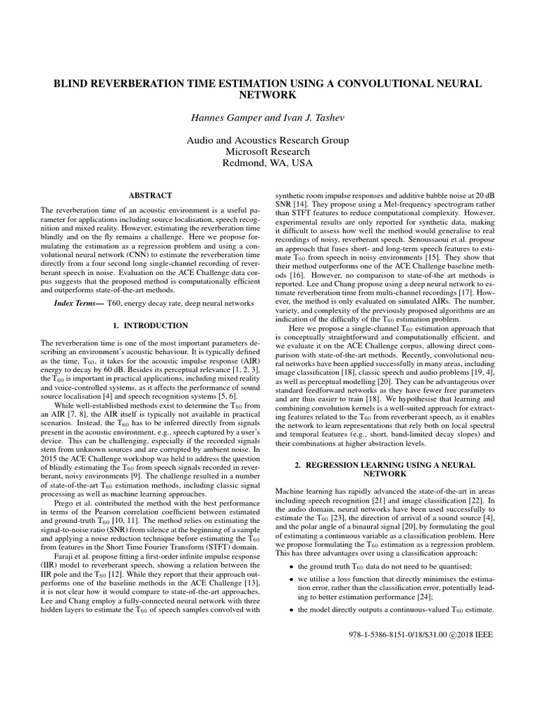 Blind Reverberation Time Estimation Gamper IWAENC 2018 | PDF | Sampling (Signal Processing ...