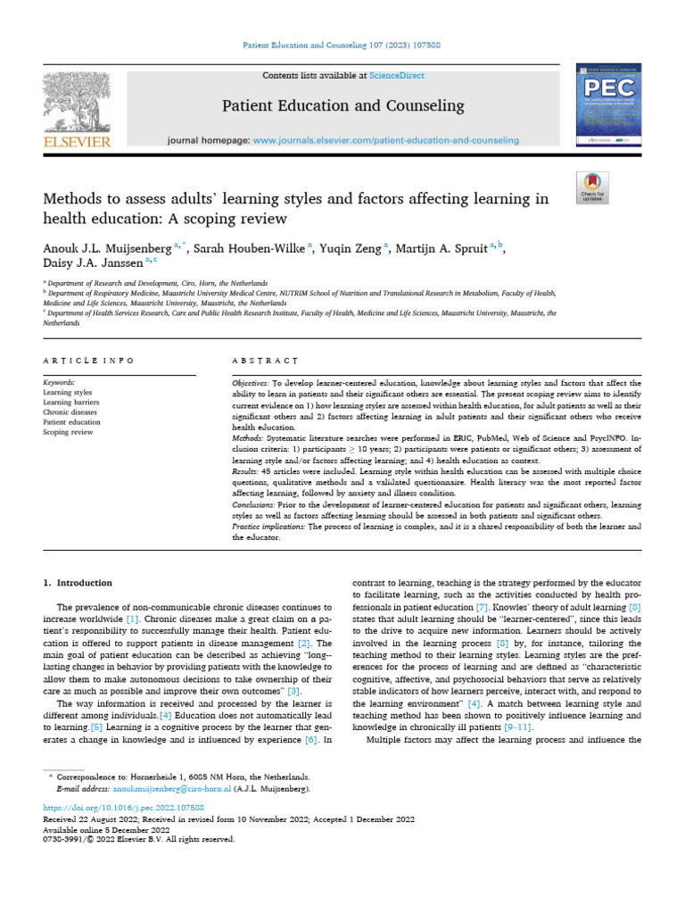 Methods to assess adults’ learning styles and factors affecting learning in | PDF | Learning ...