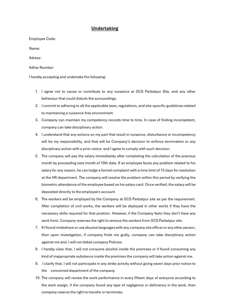Undertaking of Employees | PDF