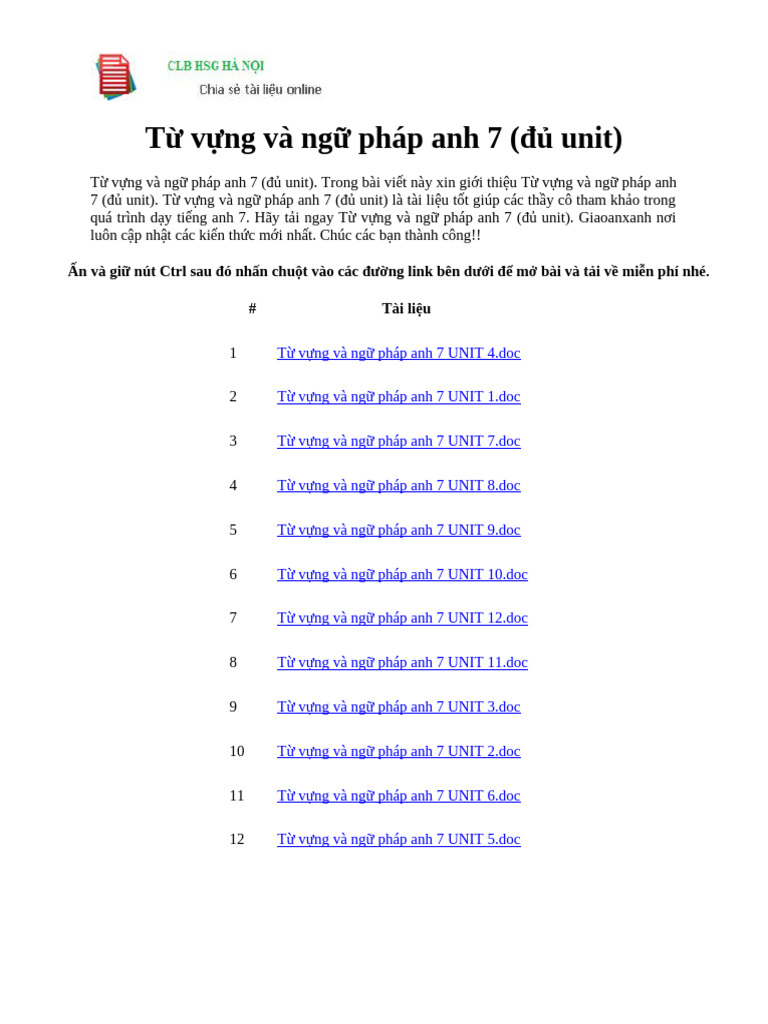 T V NG Và NG Pháp Anh 7,8,9 (Đ Unit) | PDF