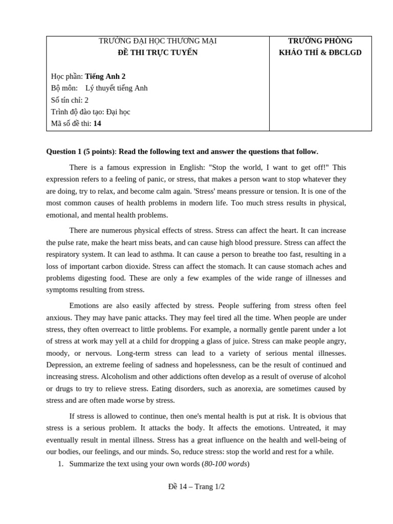 N1 - Đề 14 - Tiếng Anh 2 - CQ - Đề Thi | PDF | Stress (Biology) | Feeling