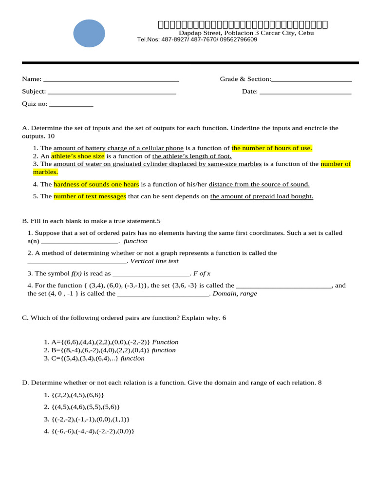 Quiz 1 (Representing A Function) | PDF | Function (Mathematics ...