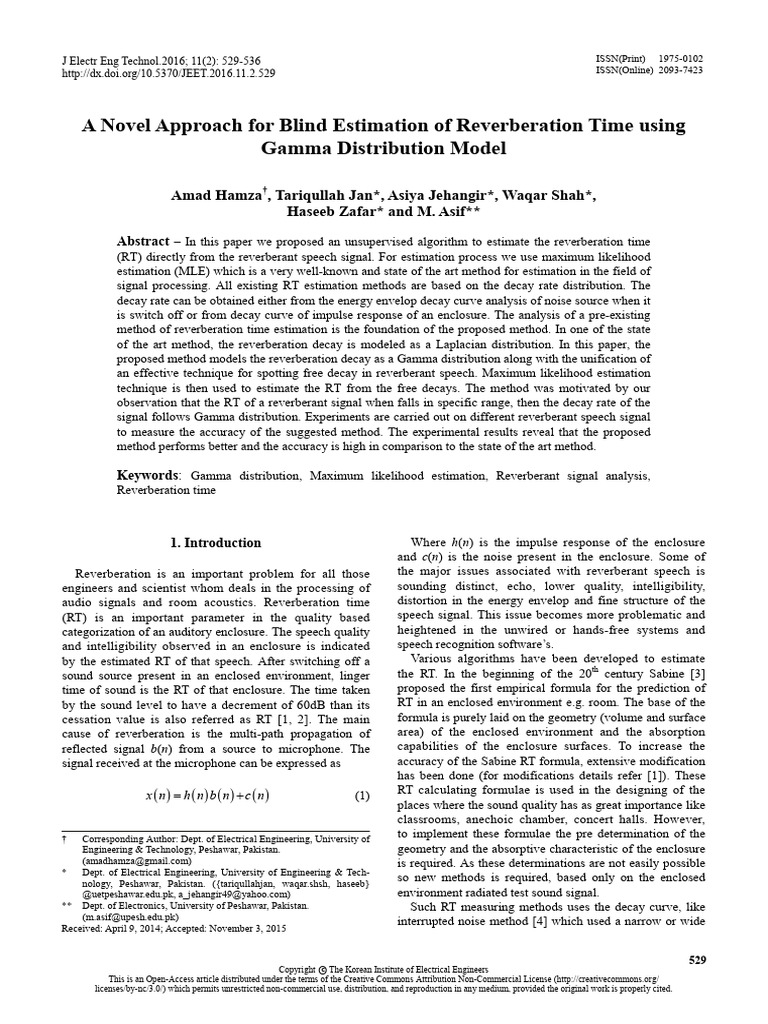 A Novel Approach For Blind Estimation Of Reverberation Time Using Gamma Distribution Model Pdf