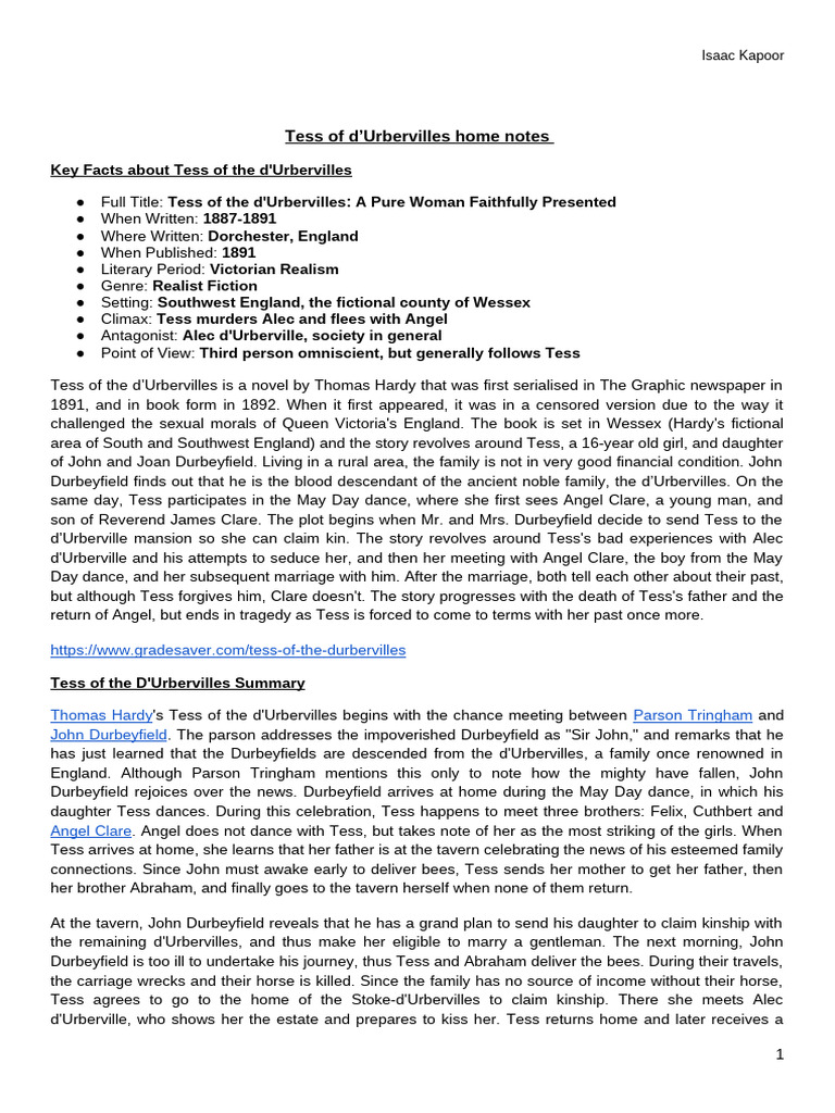Tess of d’Urberville home notes | PDF | Tess Of The D'urbervilles