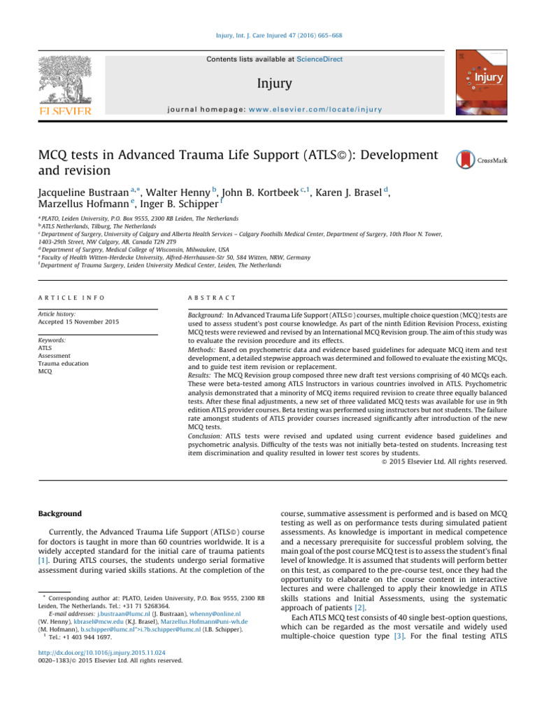MCQ Tests in Advanced Trauma Life Suppor | PDF | Multiple Choice ...