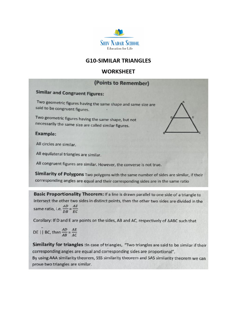G10-Similar Triangles 2024-25 - Worksheet | PDF