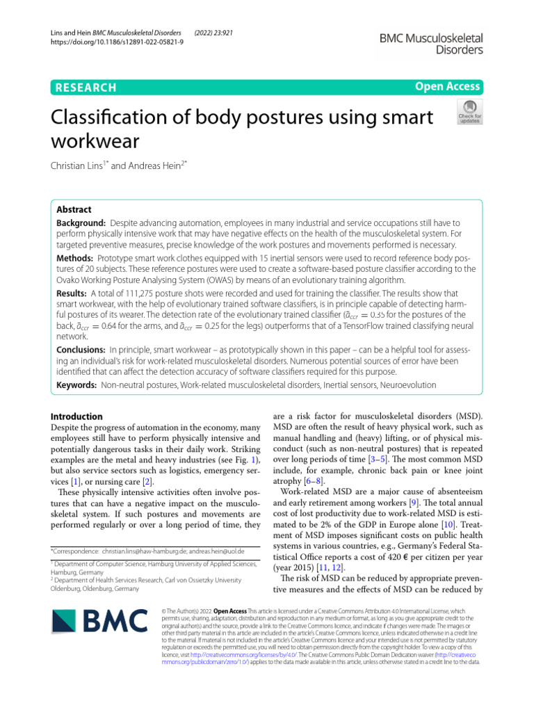 Lins Classification Of Body Postures Using Smart Workwear Pdf Risk Accelerometer