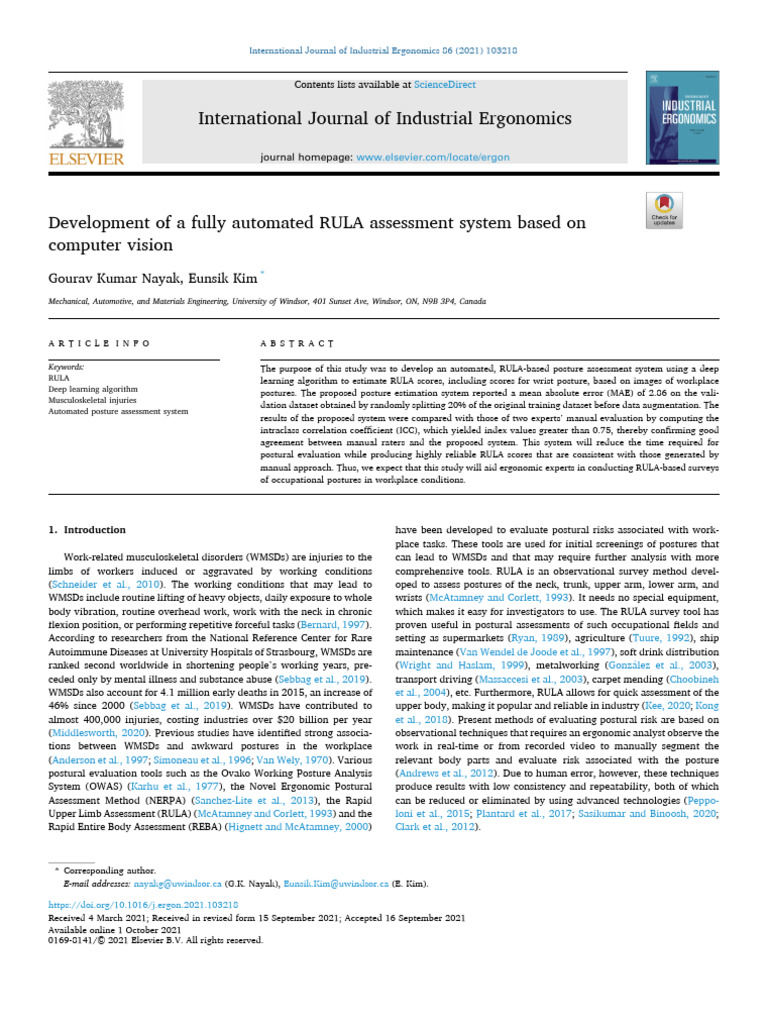 NAYAK-Development of A Fully Automated RULA Assessment System Based On Computer Vision | PDF ...