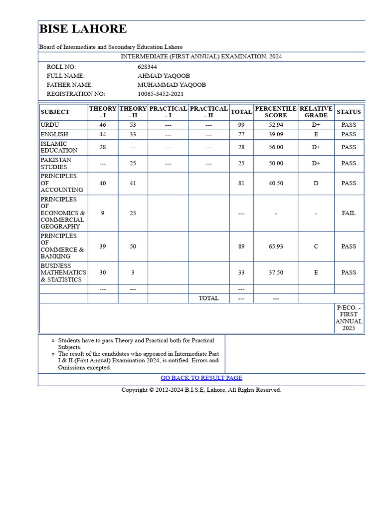 Bise Lahore Examination Result Status Sheet | PDF | Pakistan