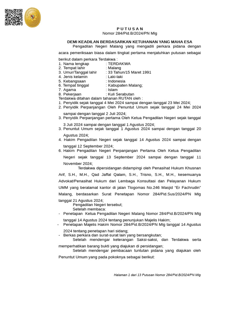 Putusan 284 Pid.b 2024 PN MLG 20241016090040 | PDF