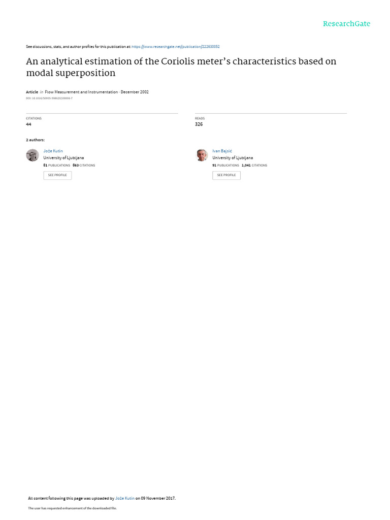 An Analytical Estimation of The Coriolis Meter's Characteristics Based ...