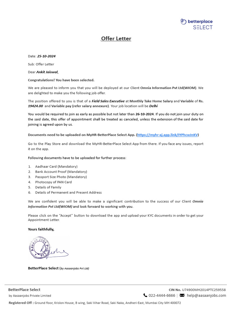 Offer Letter: Congratulations! You Have Been Selected. Omnia ...