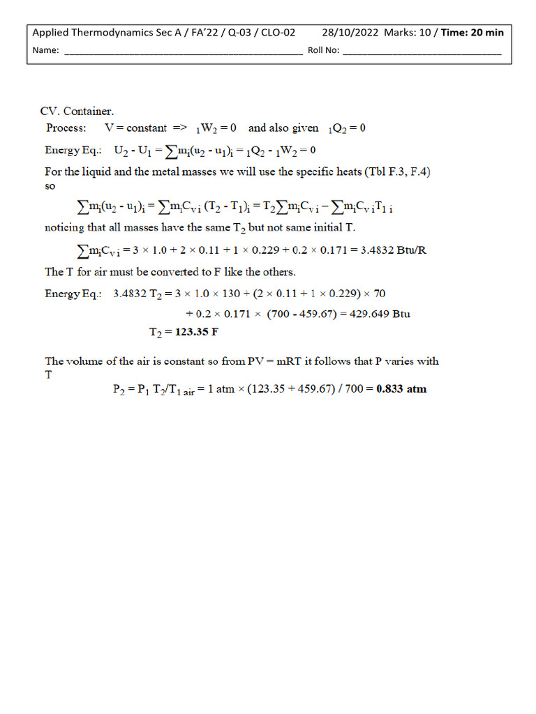 Thermodynamics Quiz 3 SectionA Solution | PDF