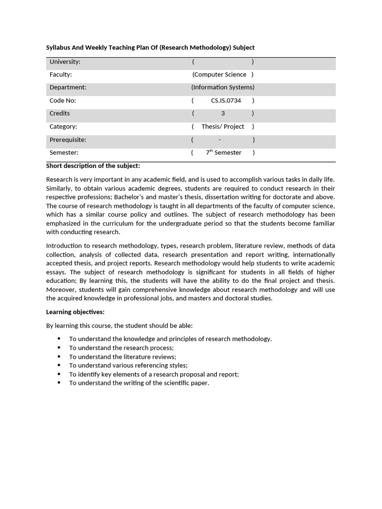 Research Methodology Course Syllabus | PDF | Methodology | Thesis