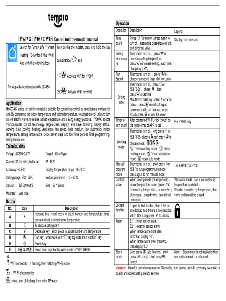 HY08AC Tempio Thermostat Manual | PDF | Thermostat | Electrical Engineering