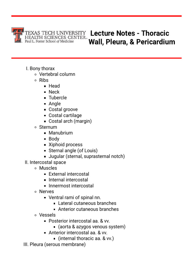 Lecture Notes - Thoracic Wall, Pleura, & Pericardium | PDF | Thorax ...