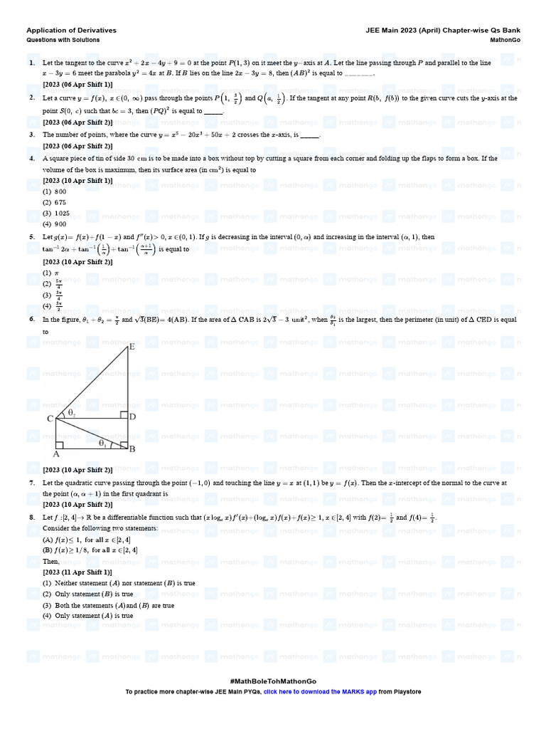 IIT Application of Derivatives | PDF | Tangent | Mathematical Concepts