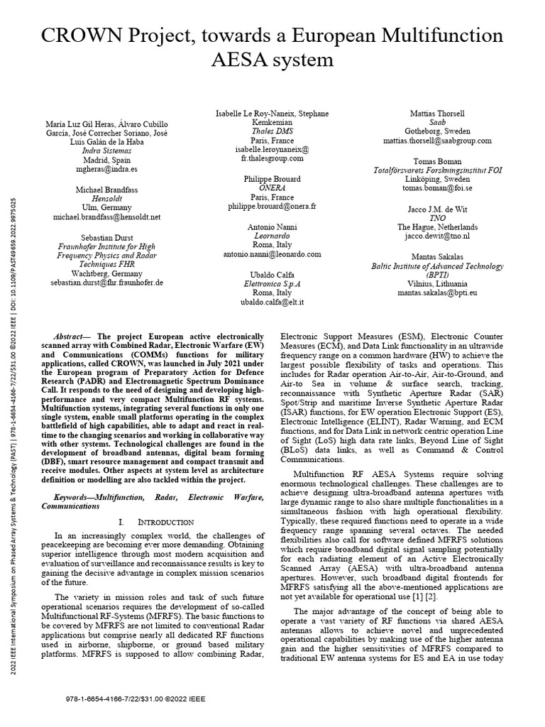 CROWN Project: European Multifunction AESA | PDF | Radar | Antenna (Radio)