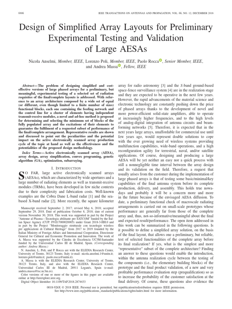 2018 Design Of Simplified Array Layouts For Preliminary Experimental Testing And Validation Of 