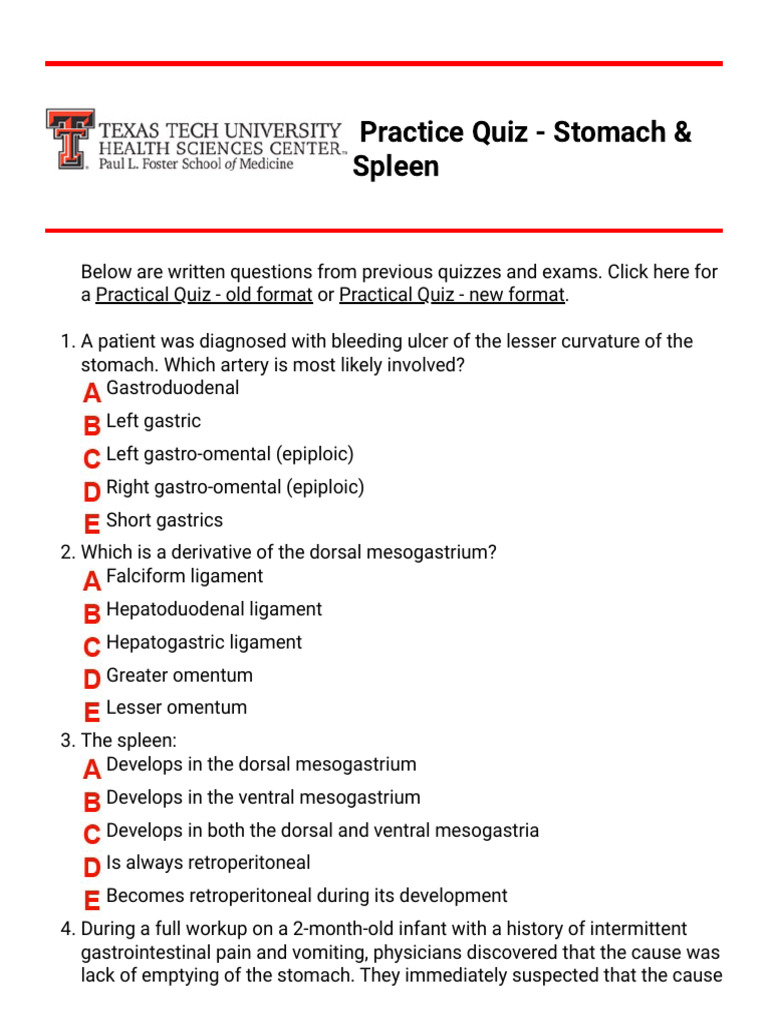 Practice Quiz - Stomach & Spleen | PDF | Stomach | Organ (Anatomy)