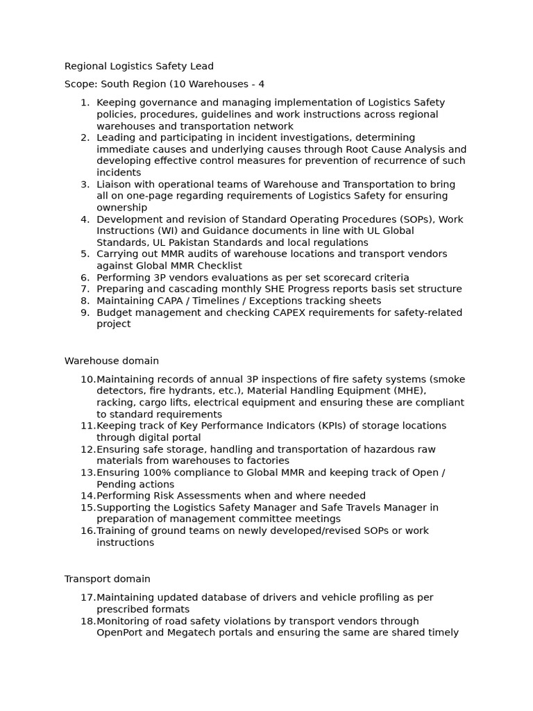 Regional Logistics Safety Lead Overview | PDF | Warehouse | Logistics