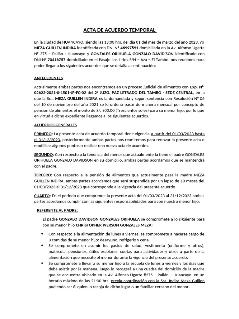 Acta de Acuerdo Temporal 01032023 Modificado | PDF