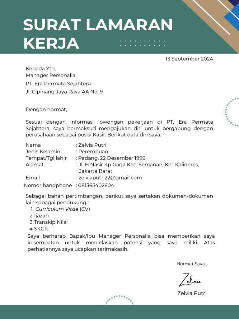 Surat Lamaran Kerja Kasir | PDF | Karier & Perkembangan | Bisnis