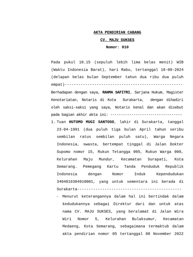 Akta Cabang CV | PDF | Pengelolaan Keuangan & Uang