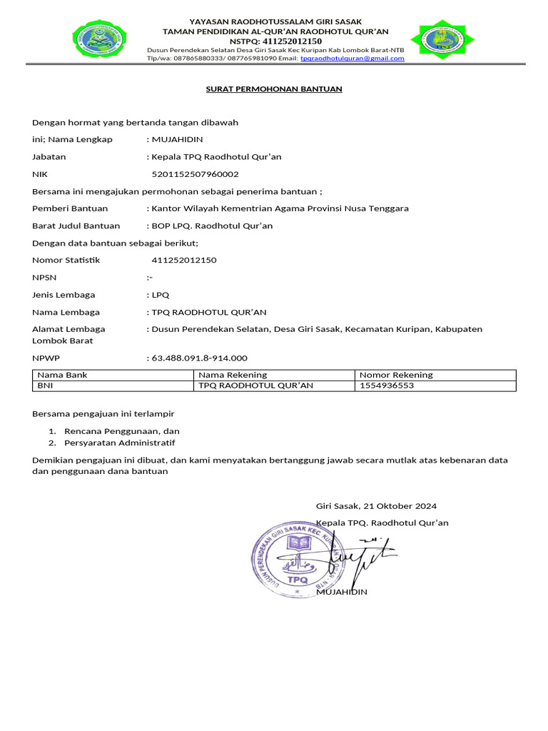 Surat Permohonan BOP TPQ. 2024 | PDF