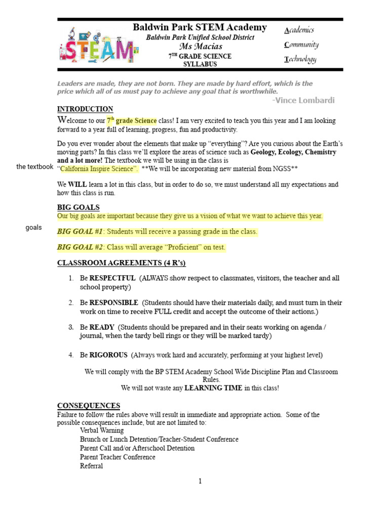 Kami Export - Noah Campos - 7th Grade Ms Macias Class Syllabus | PDF | Cognition | Learning