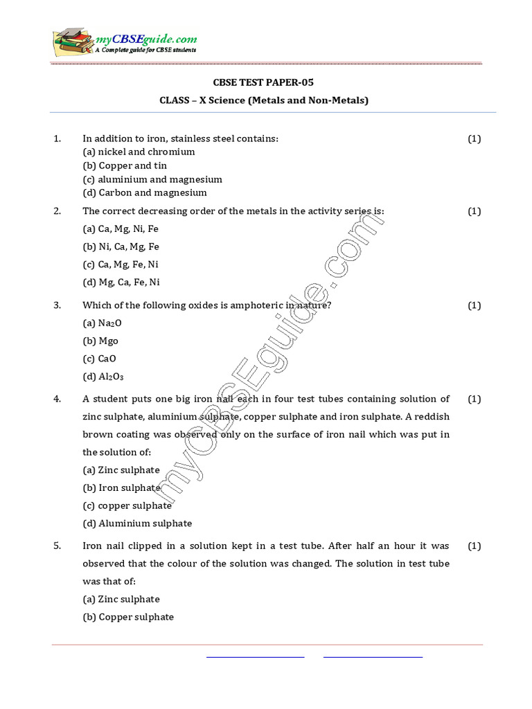Class 10 Metals and Non-Metals Test | PDF | Iron | Magnesium