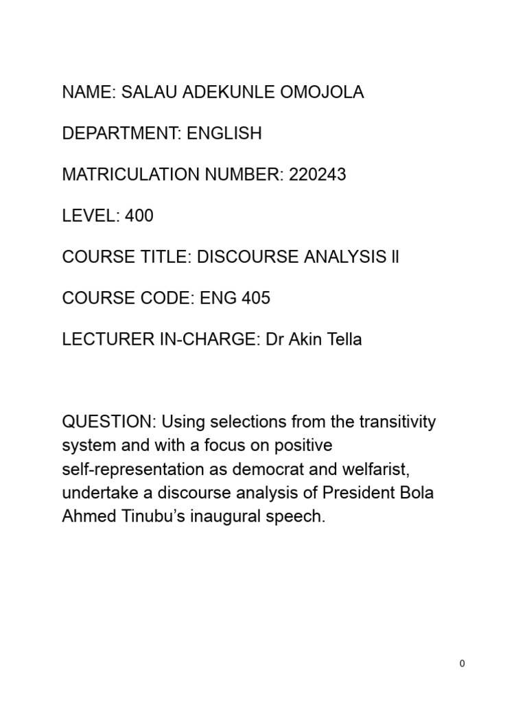 A Transitivity System Analysis On President Bola Ahmed Tinubu's Inaugural Speech. | PDF ...