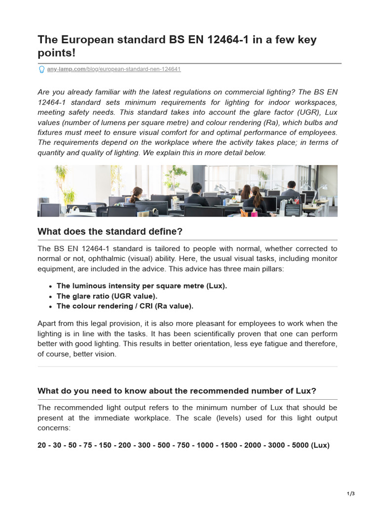 The European Standard BS EN 12464-1 in A Few Key Points | PDF | Lighting | Light