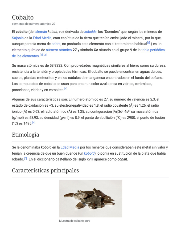 Cobalto - Wikipedia, La Enciclopedia Libre | PDF | Cobalto | Ciencias fisicas
