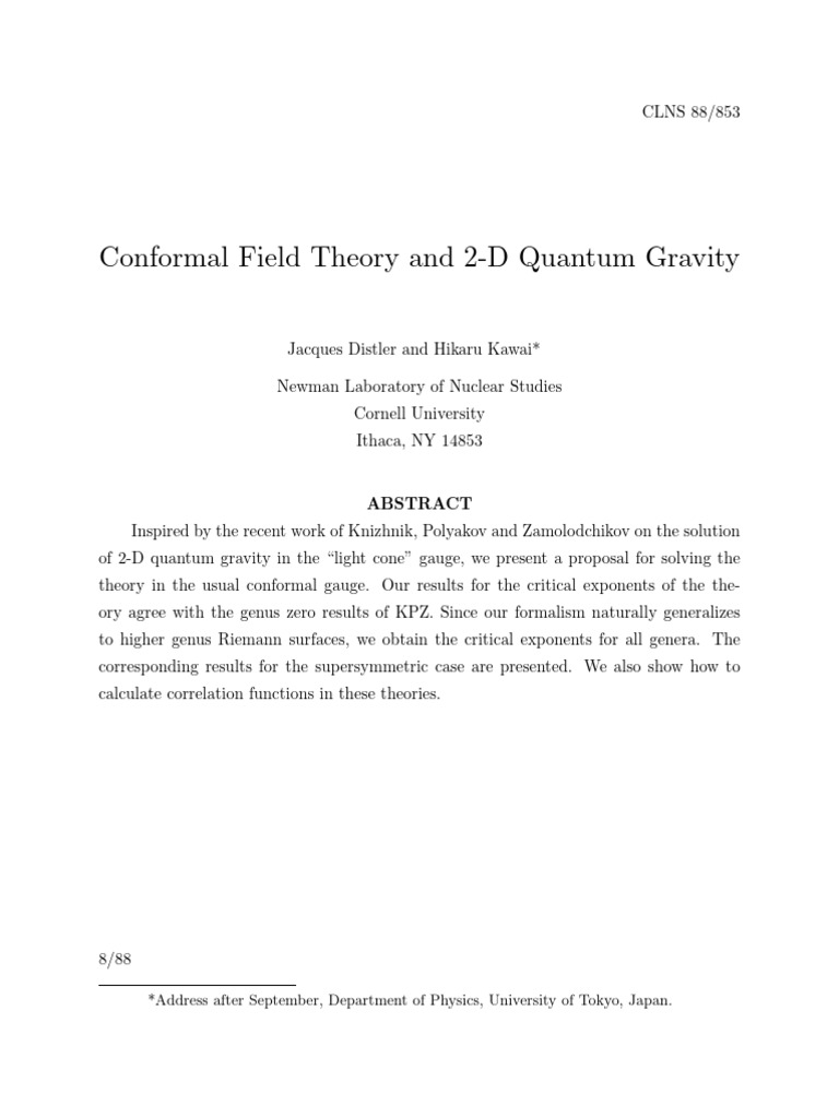 Conformal Field Theory And 2d Quantum Gravity Pdf Gauge Theory