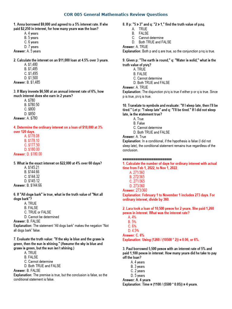 COR 005 General Mathematics Review Questions | PDF | If And Only If | Interest