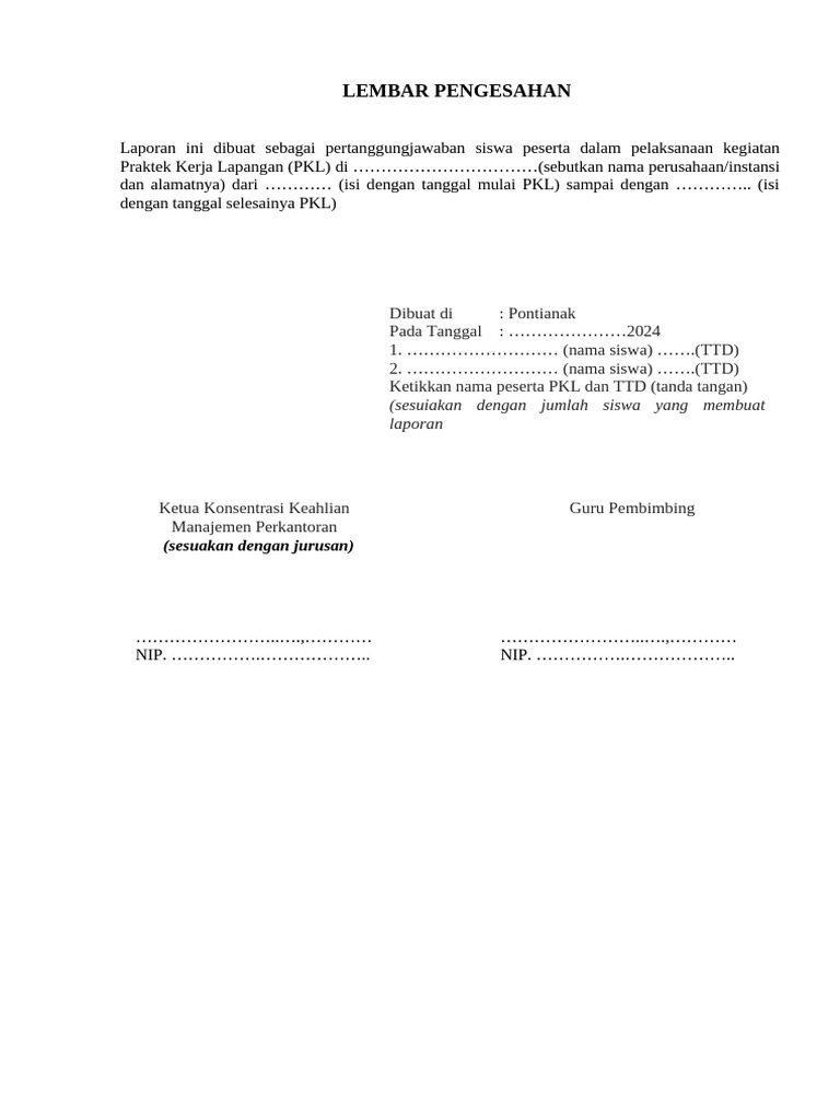 Template Lembar Pengesahan PKL | PDF