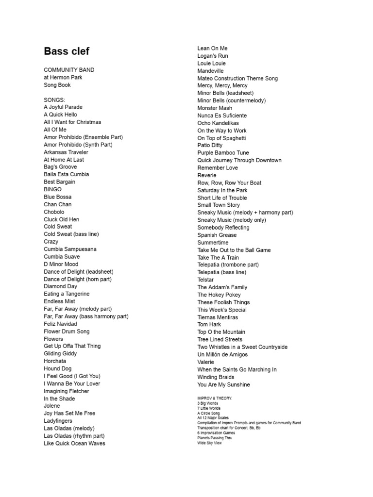 Nov152023 Community Band Songbook List Bass Clef | PDF | Song Structure ...