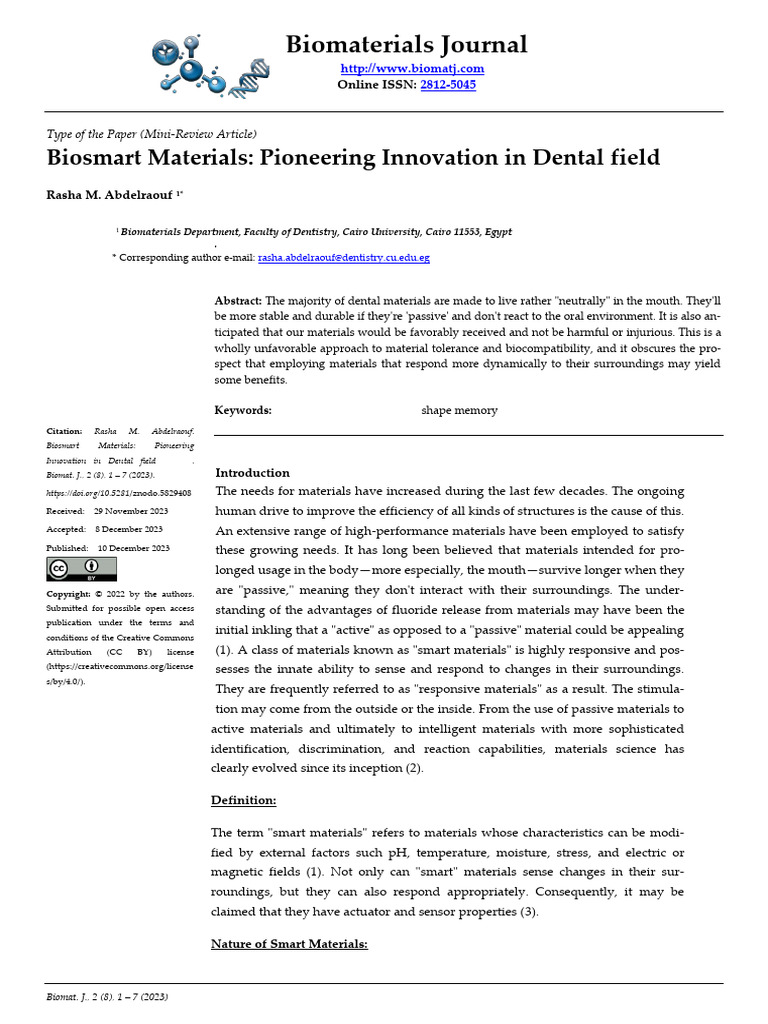 Biosmart Materials in Dentistry Innovation | PDF | Shape Memory Alloy ...