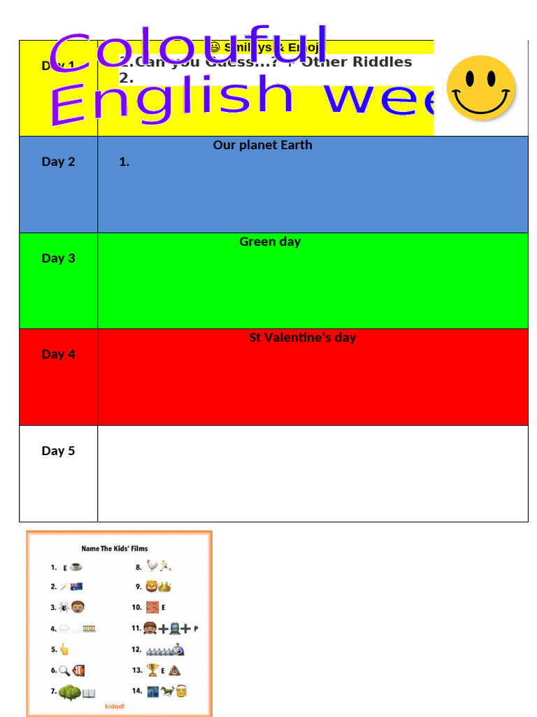 Colourful English week | PDF