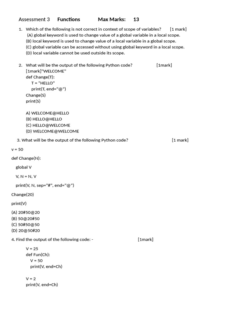 Assessment 3 Functions Max Marks | PDF