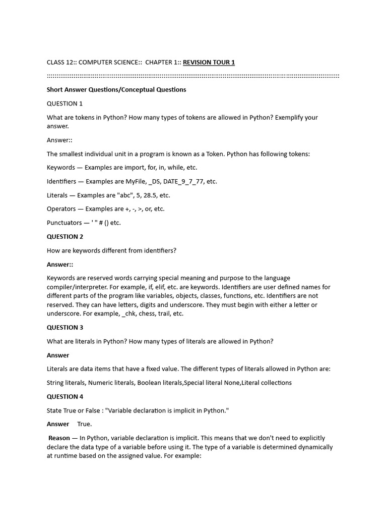 Class 12 Pyq Chapter 1 | PDF | Data Type | Variable (Computer Science)