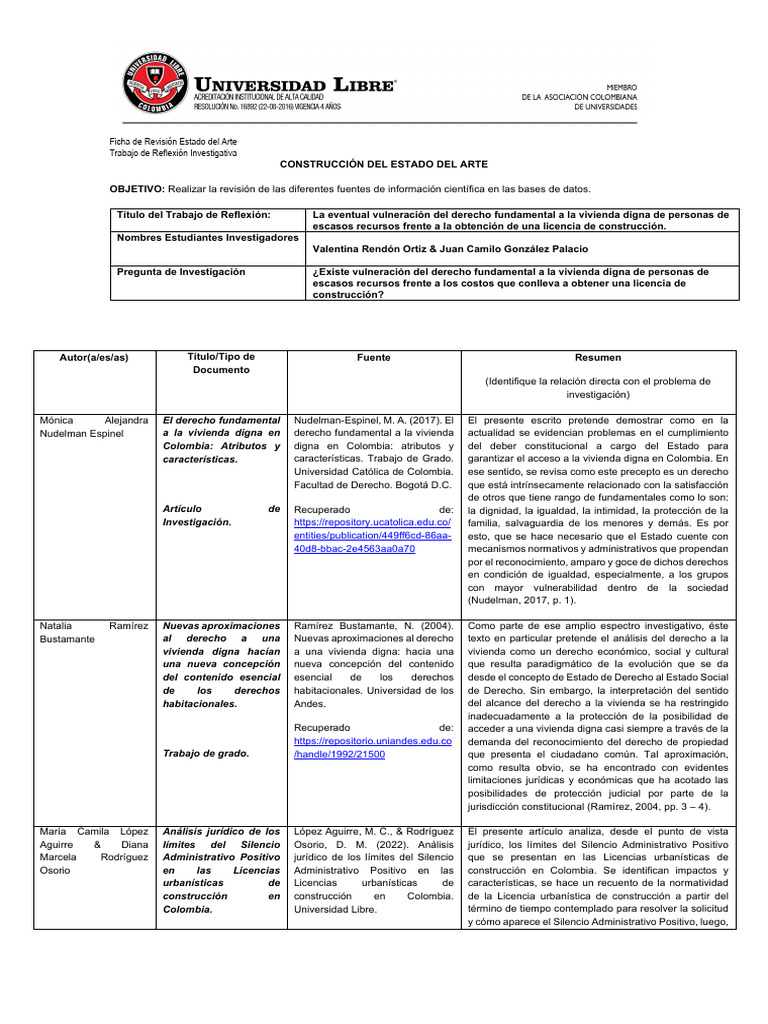 3.Formato Ficha Estado del Arte | PDF | Derecho a la vivienda | Colombia