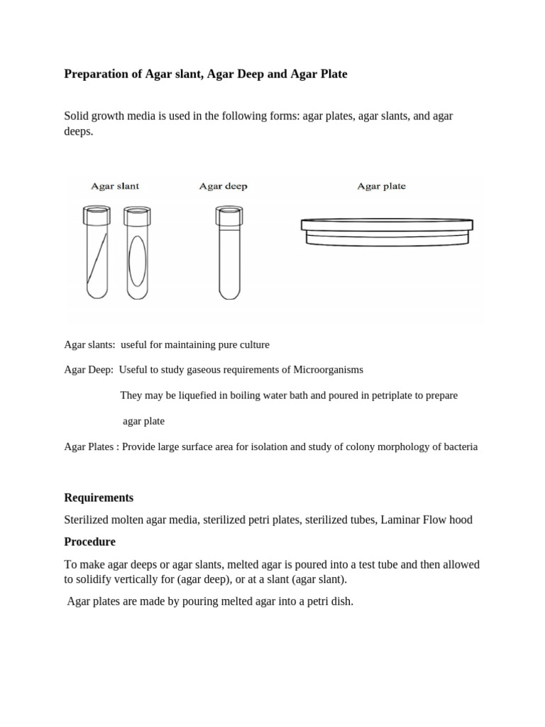 Agar Plate, Slant and Deep Preperatin | PDF