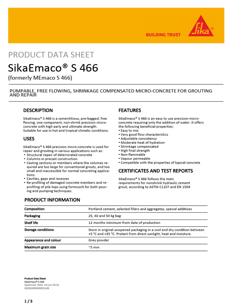 SikaEmaco S466 | PDF | Concrete | Cement