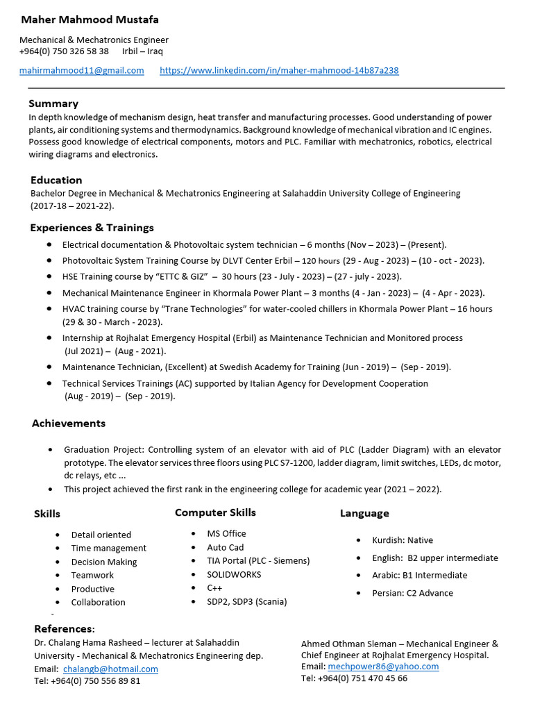Maher-Mahmood-Resume | PDF | Mechatronics | Electrical Engineering