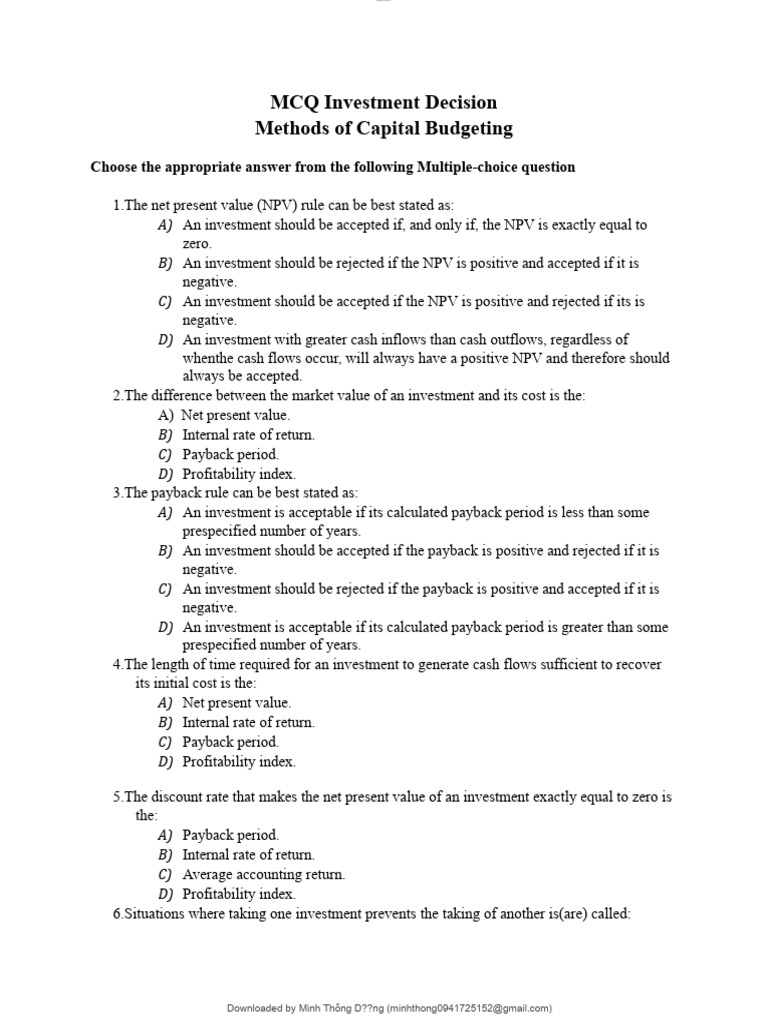 Investment Decision MCQs | PDF | Net Present Value | Internal Rate Of ...