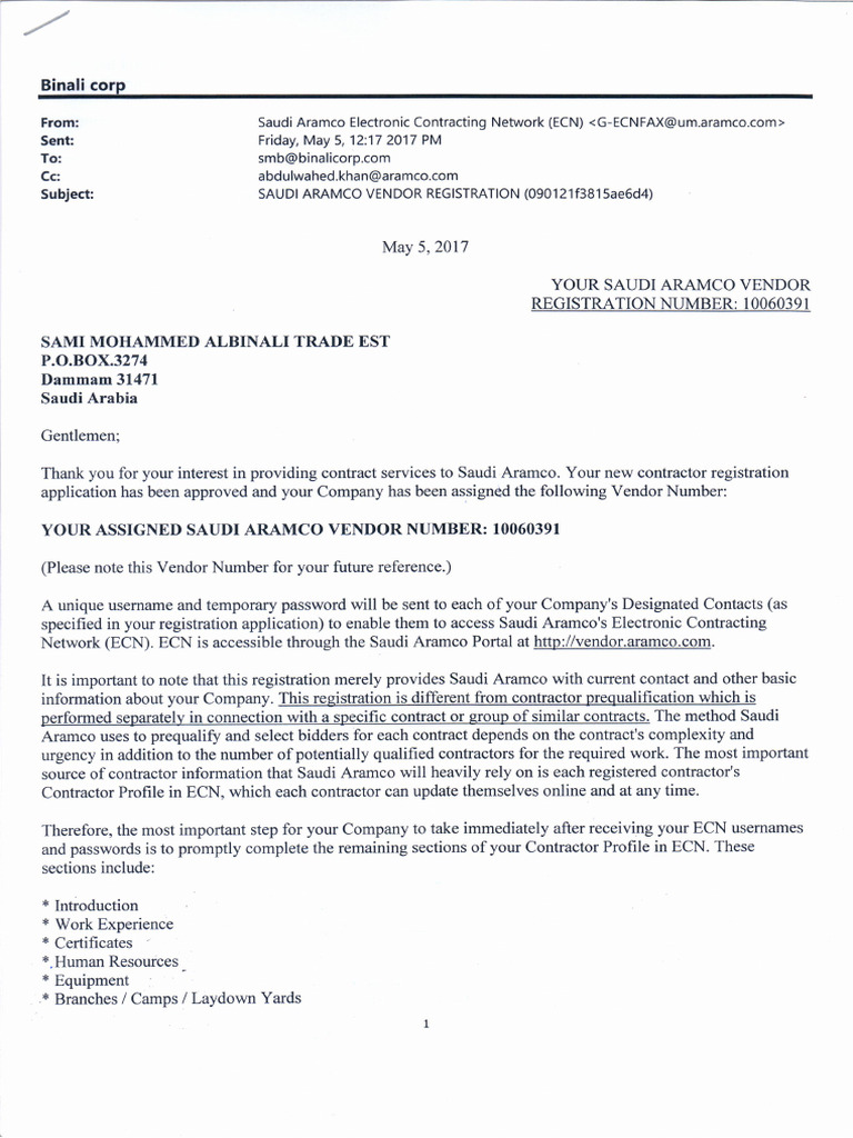 1.3. ARAMCO VENDOR ID-Contracting Dept | PDF