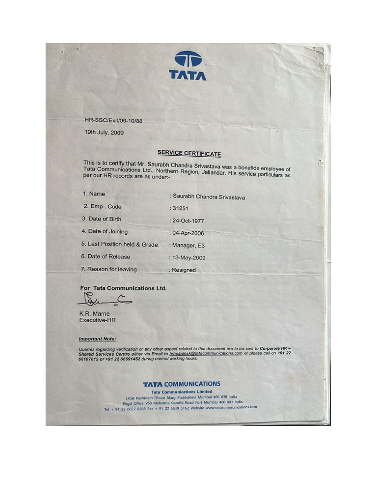 TATA Service Certificate | PDF